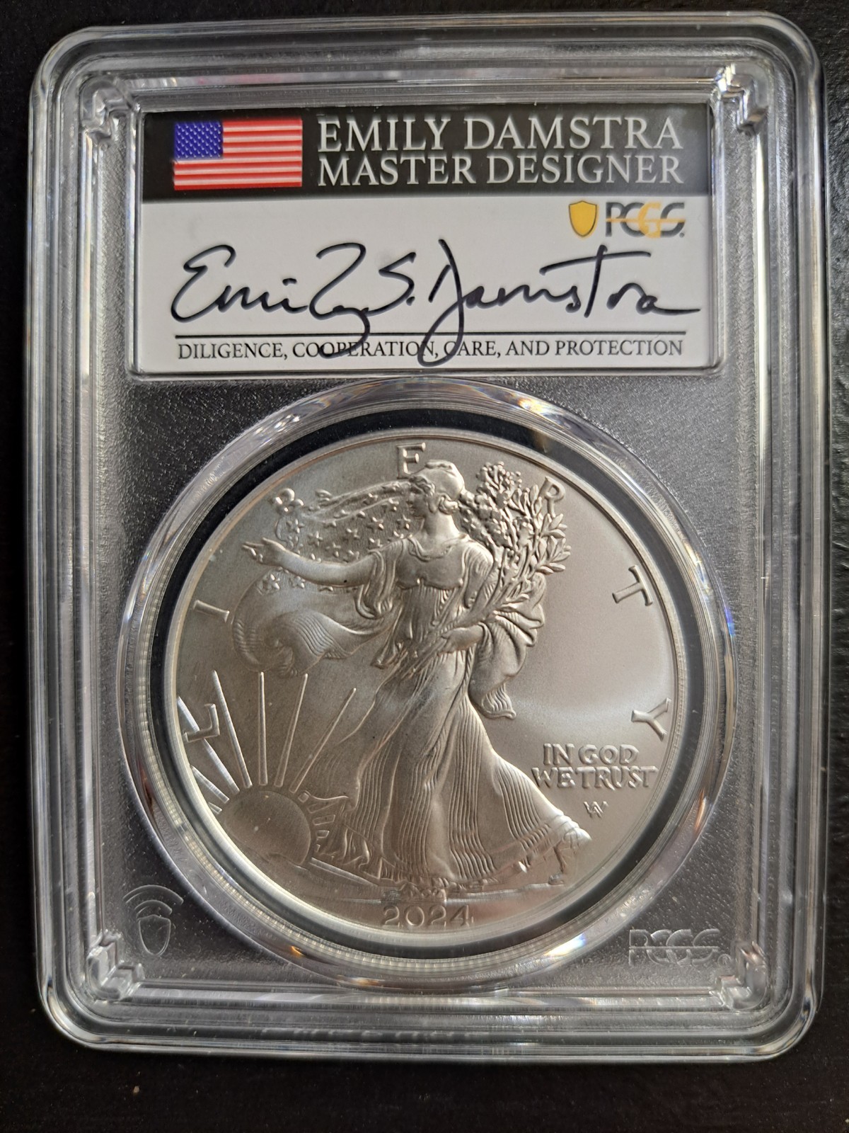 2024 AMERICAN SILVER EAGLE PCGS MS70 FIRST DAY OF ISSUE EMILY DAMSTRA ...
