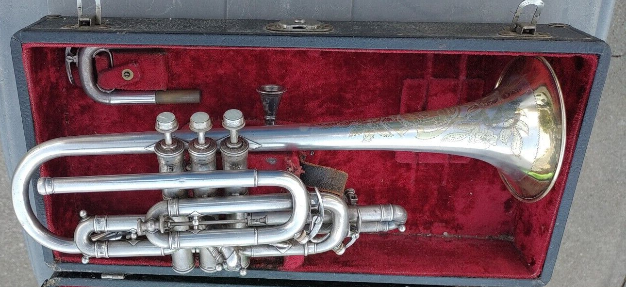 J.W. York & Sons Cornet Perfec-Tone 1918 Sterling Silver & Gold inlay ...