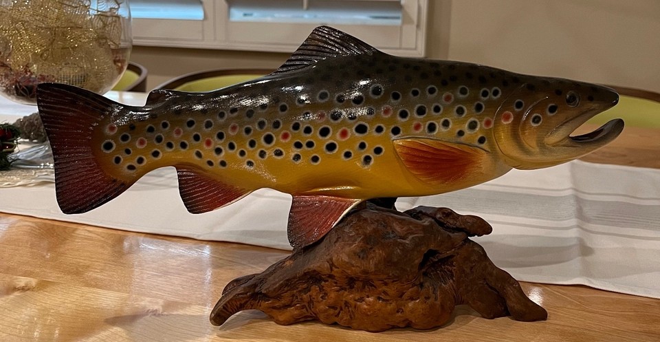 BOB BERRY signed brown trout wood carving with burl wood base 1987 | eBay