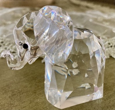 Vtg SWAROVSKI Crystal BABY ELEPHANT Figurine w/ Black Eyes & Metal Tail ...