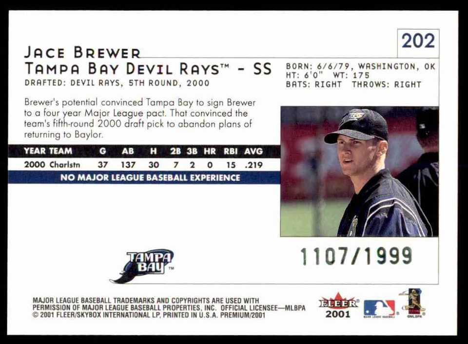 2001 Fleer Premium Jace Brewer 1107/1999 Tampa Bay Devil Rays | eBay