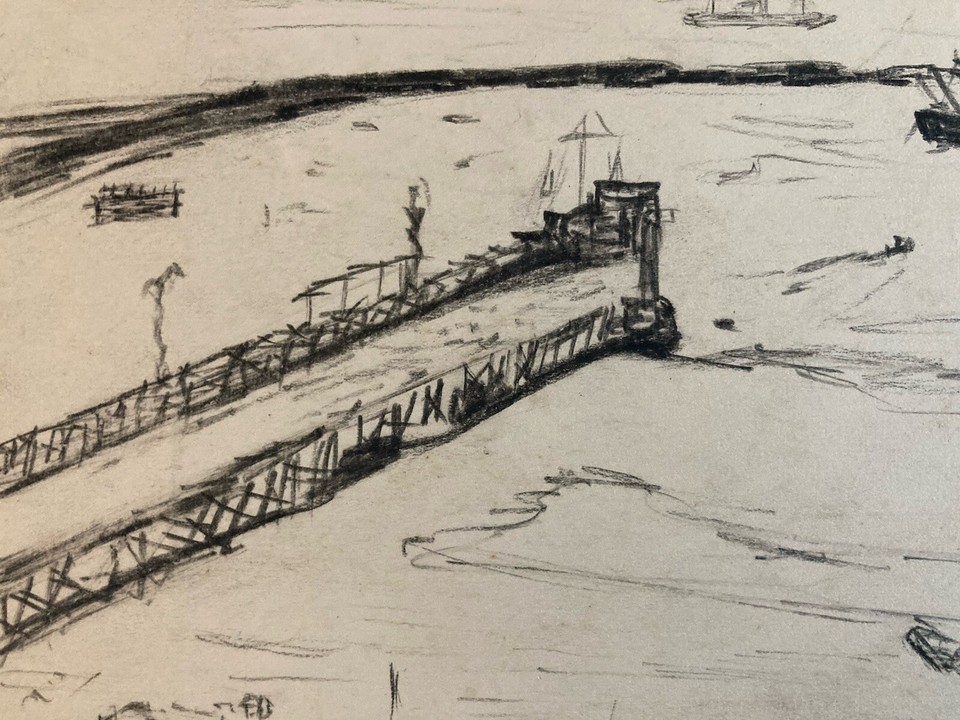 Beautiful Drawing 1950 Pencil Landscape Port Sea Art 1990 French School ...