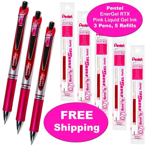 Pentel EnerGel RTX Pink Liquid Gel Ink, 0.7mm, 3 Pens with 5 Packs of ...