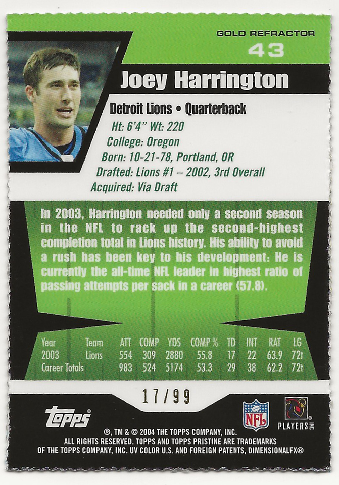 2004Topps Pristine #41 Joey Harrington (Oregon St) GOLD REFRACTOR 17/99 ...