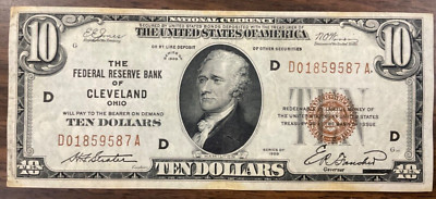 1929 $10 Federal Reserve Banknote Cleveland, Fr#1860-D, light folds ...