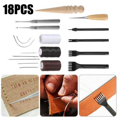 18Pcs Leather Craft Tool Kit Stitching Sewing Beveler Punch Working ...
