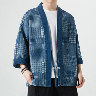 Mens Ethnic Kimono Yukata Open Front Denim Cardigan Jacket Bathrobe ...
