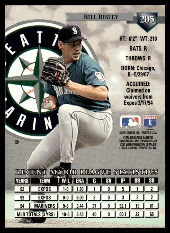 1995 Donruss Bill Risley Seattle Mariners #205 16857 | eBay