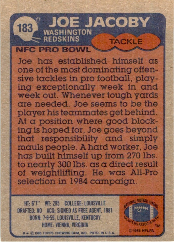 1985 TOPPS JOE JACOBY. WASHINGTON REDSKINS #183 | eBay