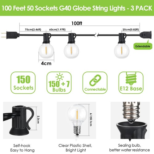 300Ft(3x100Ft) LED Outdoor String Lights Dimmable Waterproof G40 Globe Patio ... | eBay