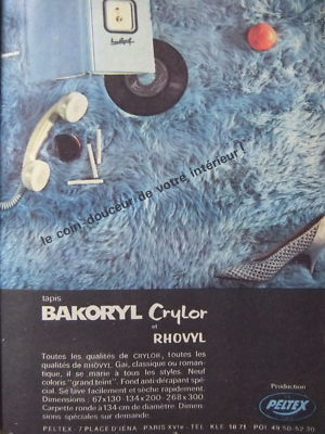 PUBLICITÉ DE PRESSE 1961 TAPIS BAKORYL CRYLOR et RHOVYL PRODUCTION ...