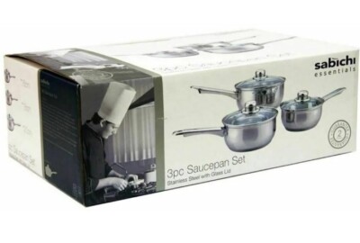 Sabichi 3pc Pan Set Stainless Steel Glass Lid Saucepan Pot Induction 16 ...