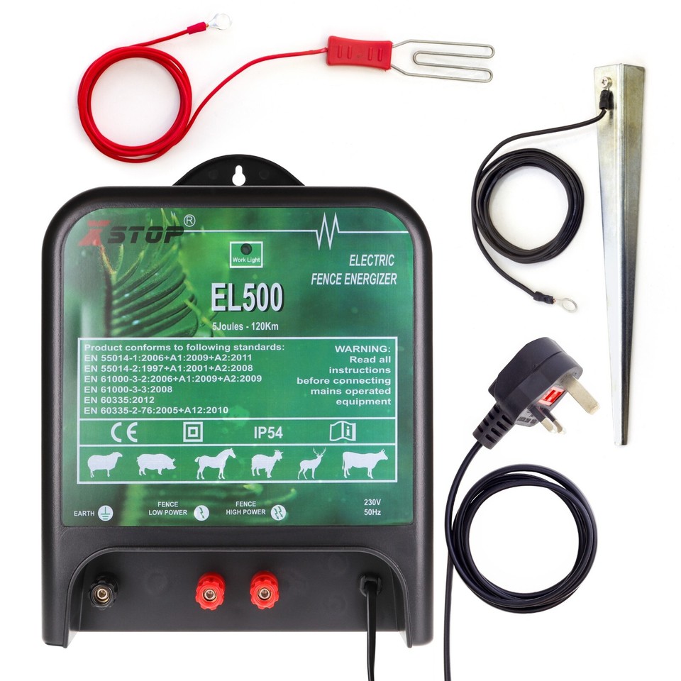 Electric Fence Energiser 12v 230v Battery Mains 1-120Km Range + Leads ...