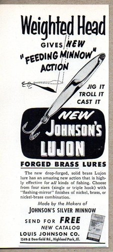 1956 Print Ad Johnson's Lujon Fishing Lures Minnow Action Highland Park ...