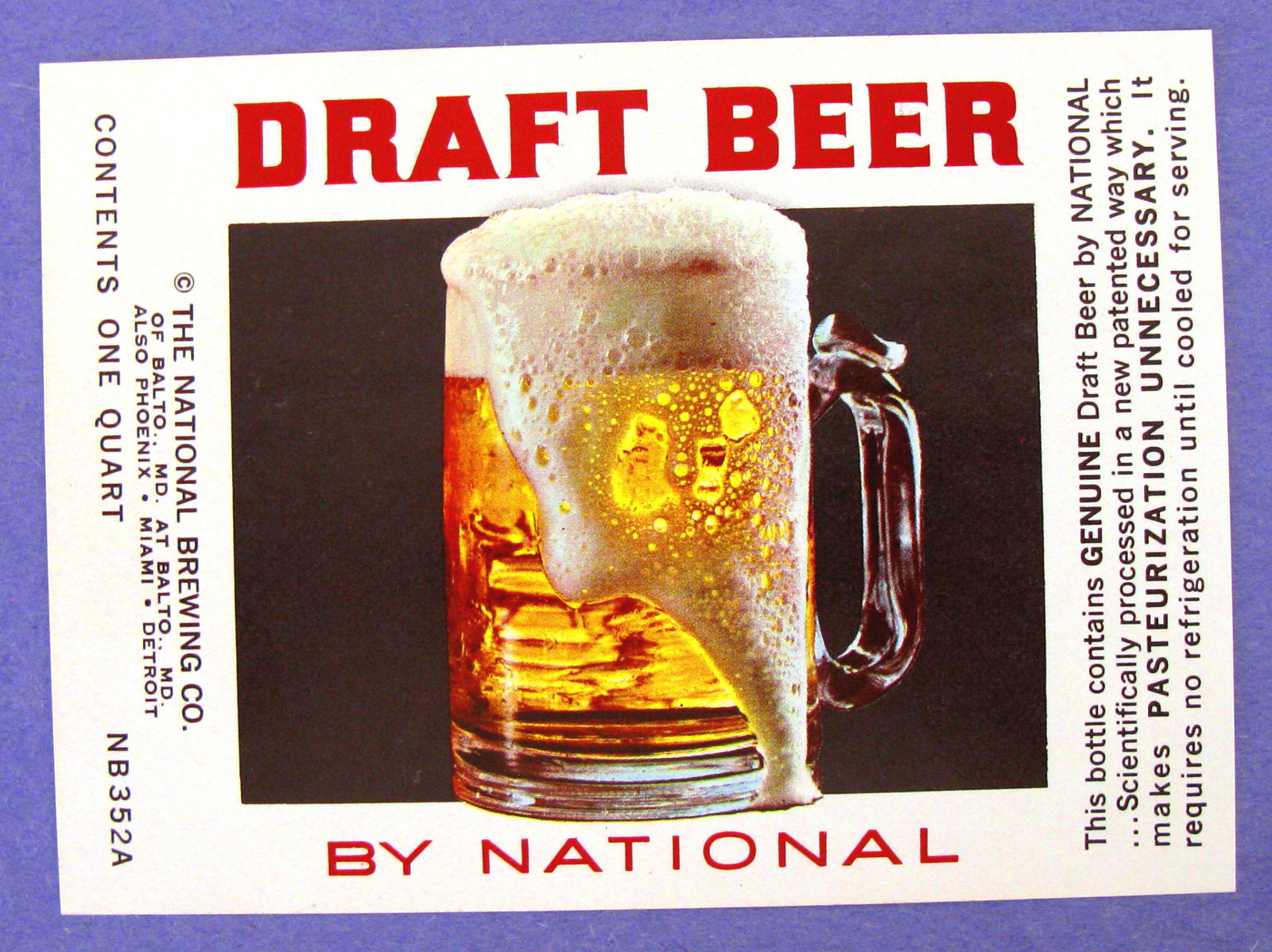 National Brewing Co DRAFT BEER BY NATIONAL beer label MD 32oz #NB352A ...