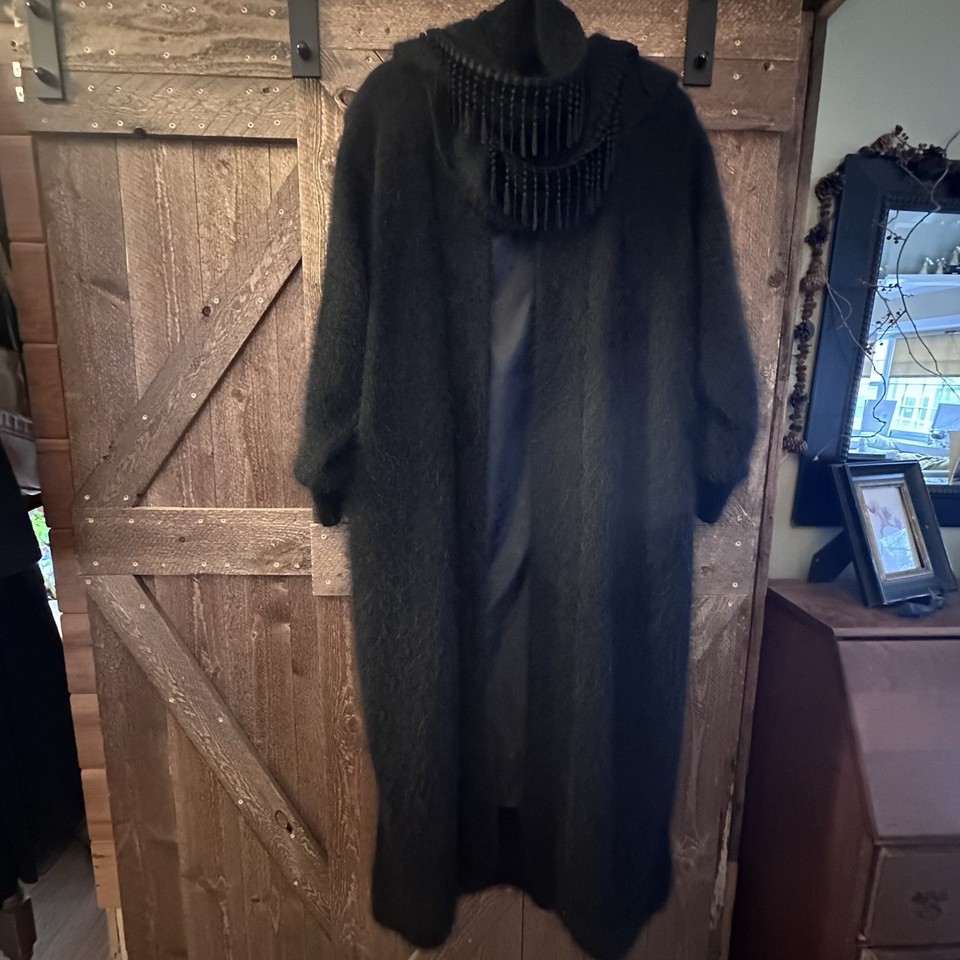 Venesha Black Angora Mob Wife Luxe Glam Vintage Sweater Coat w/ Scarf ...