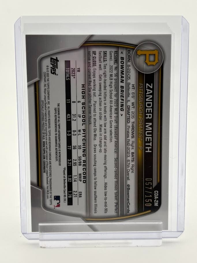 2023 Bowman Draft Zander Mueth HTA Choice Refractor Auto /150 No. CDA ...