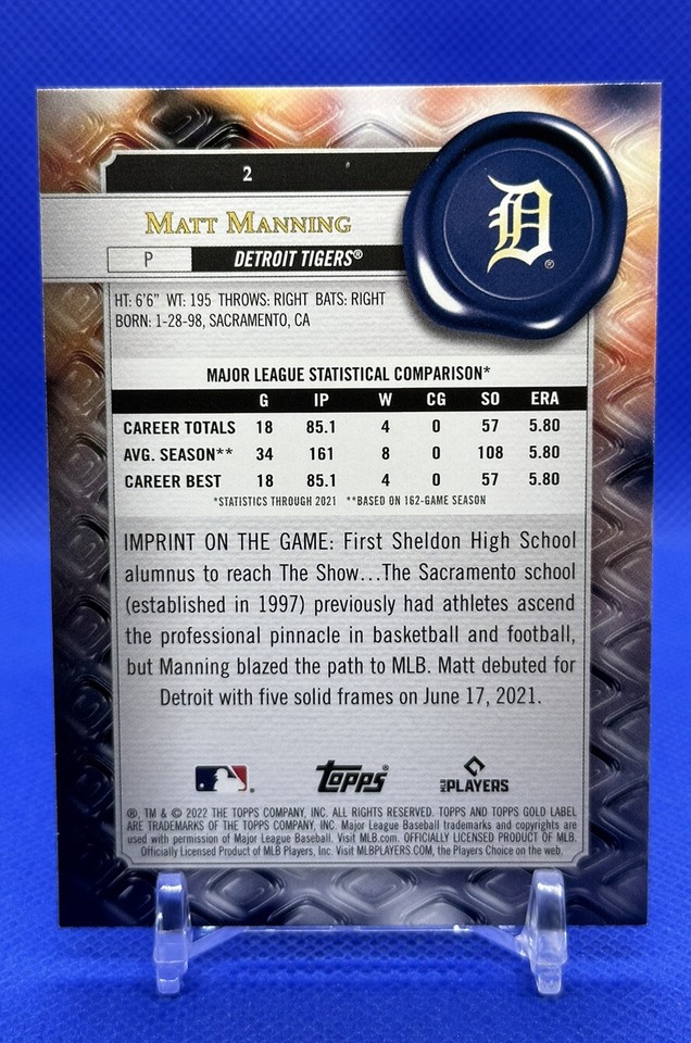 Matt Manning 2022 Topps Gold Label #2 Class 1 Detroit Tigers Rookie ...