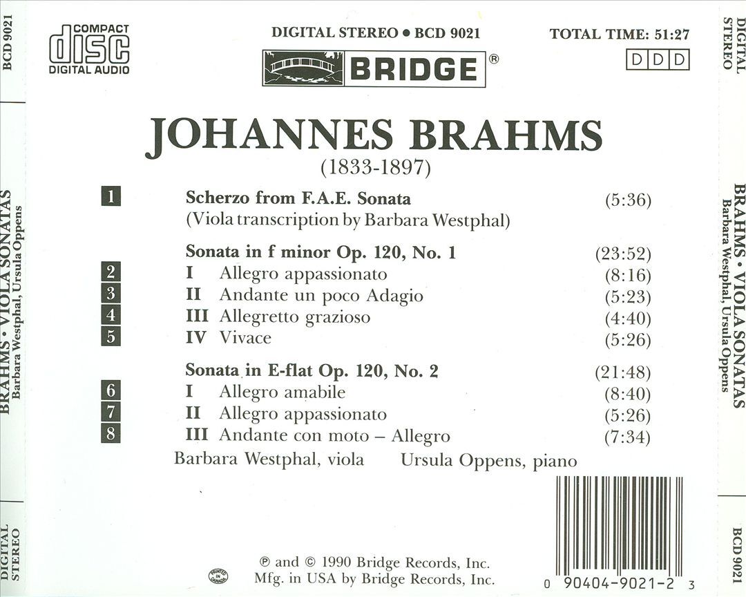 BARBARA WESTPHAL / URSULA OPPENS BRAHMS: SONATAS OP. 120; SCHERZO NEW ...