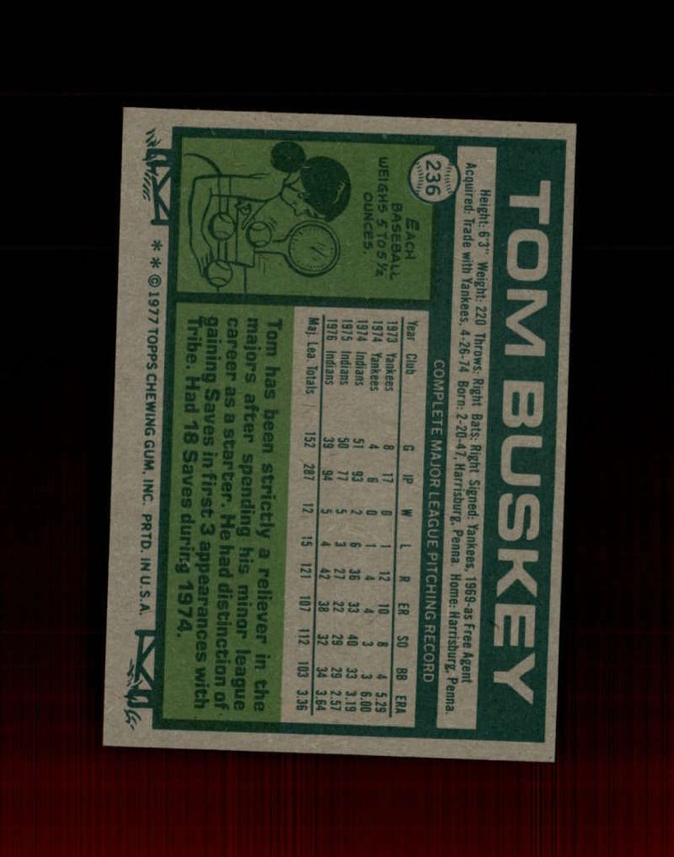 1977 Topps #236 Tom Buskey Indians NM Near Mint | eBay