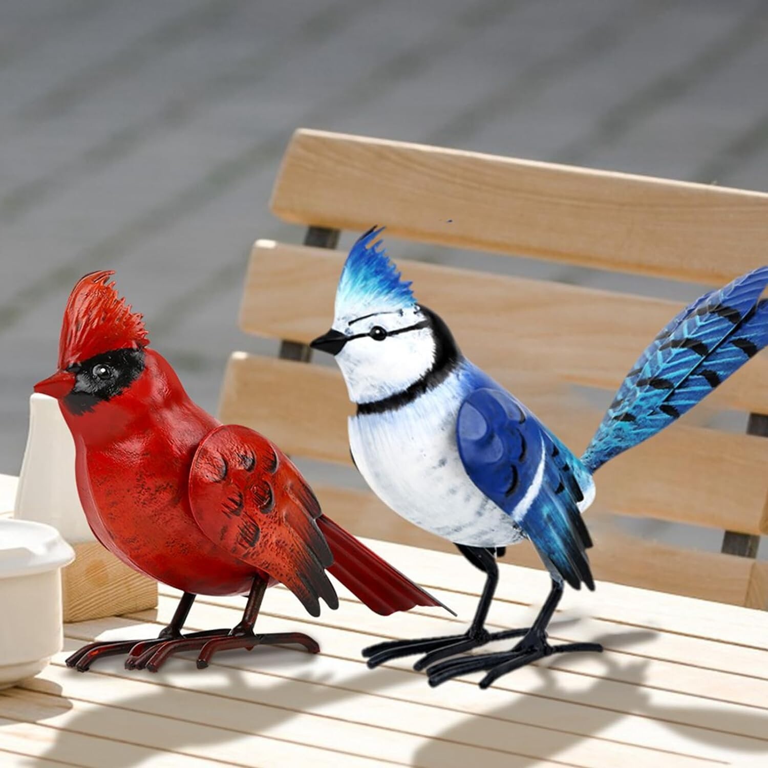 Metal Cardinal & Blue Jay Statue Sculpture Red Bird Art Decor Home ...