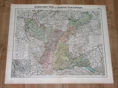1905 ANTIQUE MAP OF GERMAN LORRAINE ALSACE STRASBOURG METZ FRANCE BADEN ...