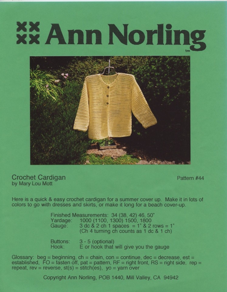 Ann Norling CROCHET PATTERN #44 Crochet Cardigan - Women 34"-50" | eBay