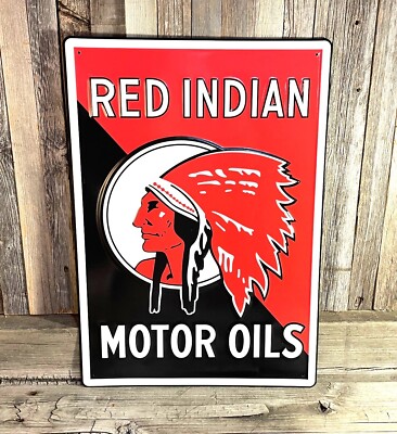 Red Indian Motor Oil Gasoline Large 20" Embossed Metal Steel Sign ...