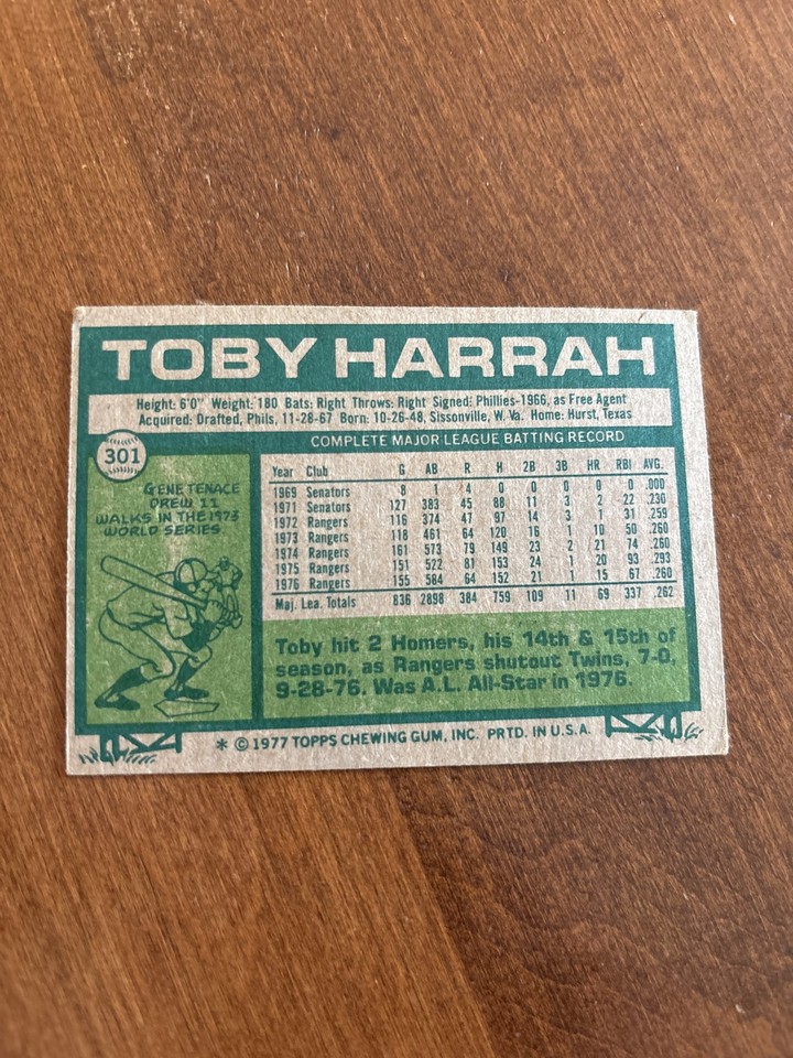 Toby Harrah 1977 Topps Baseball Card #301 Texas Rangers | eBay