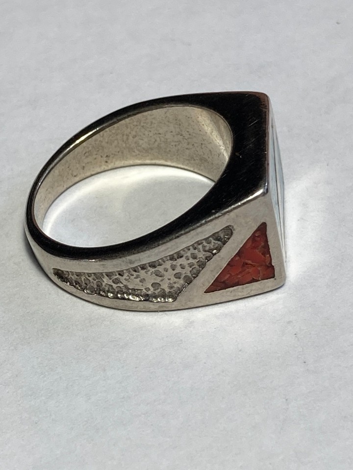 Turquoise & Red Coral Native American Rhodium Over Sterling Silver Ring ...