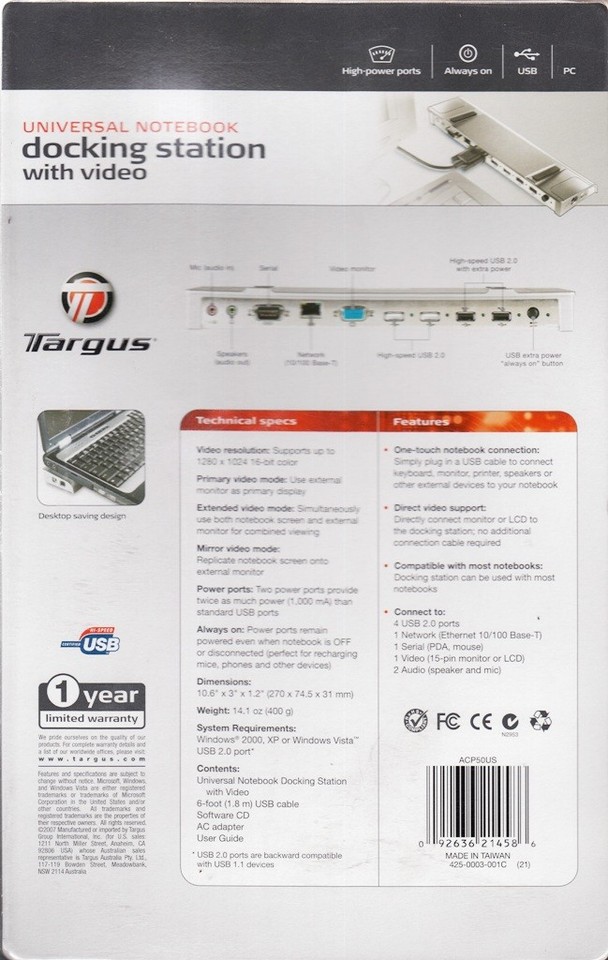 TARGUS ACP50US USB UNIVERSAL NOTEBOOK DOCKING STATION WITH VIDEO ...