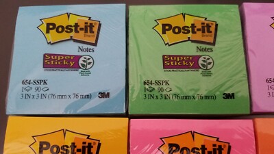 6 PADS - Post-It 654-SSPK Assorted Colors 540 Sheets Super Sticky Notes ...