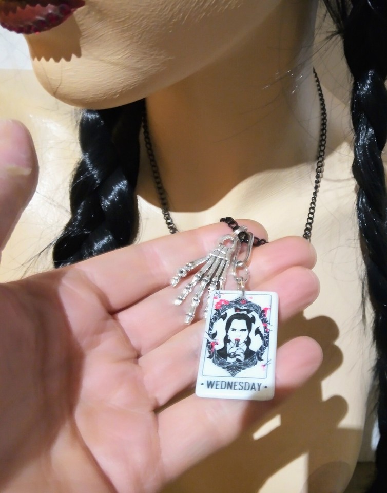 Unique *Wednesday Addams* skeleton hand charm black chain necklace ...
