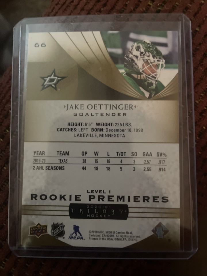 K151,454 - 2020-21 Upper Deck Trilogy #66 Jake Oettinger #/999 RC | eBay