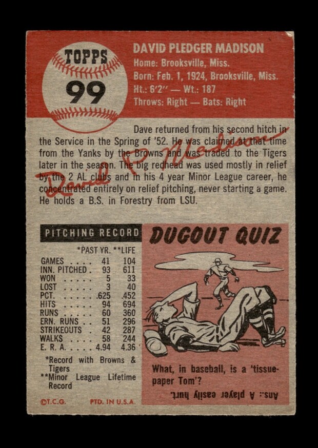 1953 Topps Set-Break # 99 Dave Madison VG-VGEX (crease) *GMCARDS* | eBay