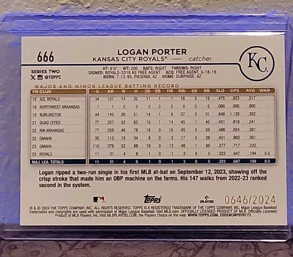 2024 Topps Series 2 Logan Porter RC Bronze #666 /2024 NM-MT 💎 Royals | eBay