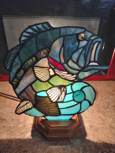 Vtg Stained Glass Bass Fish Lamp Nightlight Light Green Blue Fishing ...