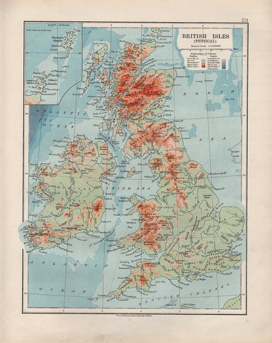 1909 VICTORIAN MAP ~ BRITISH ISLES PHYSICAL ~ LAND & SEA HEIGHT DEPTHS ...