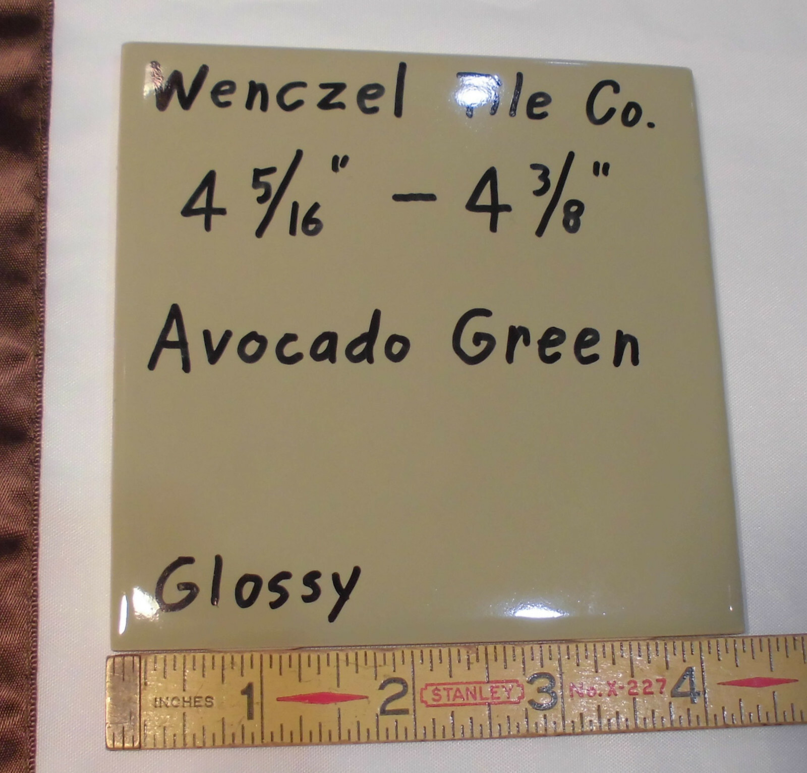 1 pc. *Avocado-Olive-Green* Glossy Ceramic Tile; Wenczel Co. 4-5/16"- 4 ...