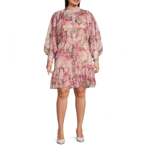 Alex Marie 18W Pink Purple Floral Long Puffed Sleeve Mock Tiered Hem ...