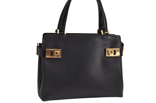 Authentic Salvatore Ferragamo Gancini Leather Shoulder Hand Bag Black ...