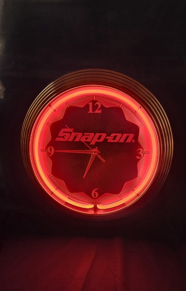 15" Snap-on Tool Neon Wall Clock Red Chrome Light Garage Shop Sign ...