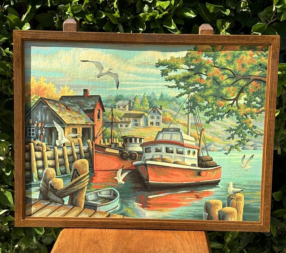 VTG MCM Paint By Numbers Painting Dock Harbor Boat Seagulls Water ...