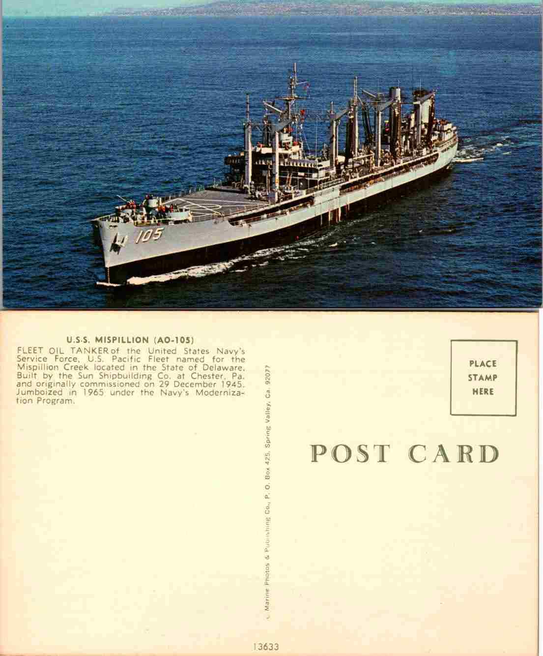 Postcard USS Mispillion AO-105 Ashtabula Class Fleet Oil Tanker US Navy ...
