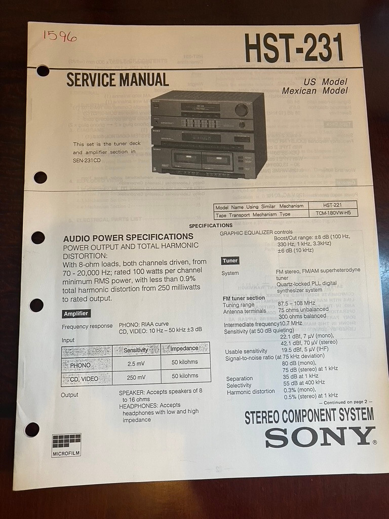 SONY HST-231 HST231 Tuner from SEN-231CD Service Manual FROM USA ...