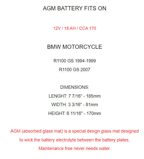 AGM Battery for BMW R1100Gs R1100 Gs 1994 1995 1996 1997 1998 1999 2007 ...