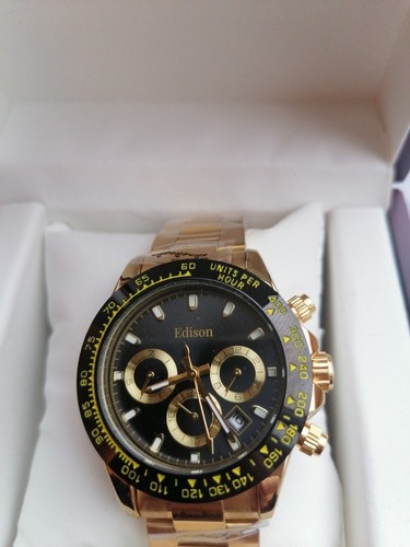 MEN’S EDISON AUTOMATIC WATCH, GOLD COLOUR STAINLESS STEEL STRAP, BLACK ...