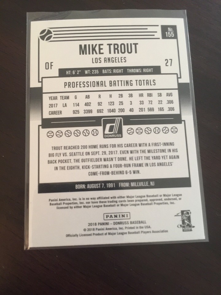 2018 Donruss--MIKE TROUT--Millville Meteor-SP-#155 Angels 3x MVP NM ...