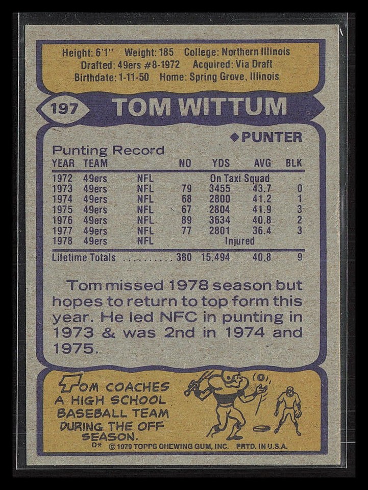 Tom Wittum 1979 Topps #197 San Francisco 49ers | eBay