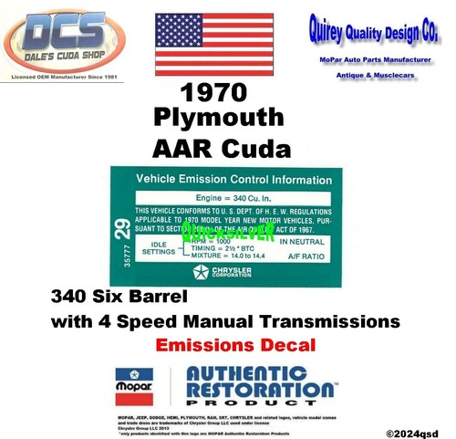 1970 AAR Cuda 340 6bbl 4 Speed Trans Emissions Decal 3577729 NEW MoPar ...